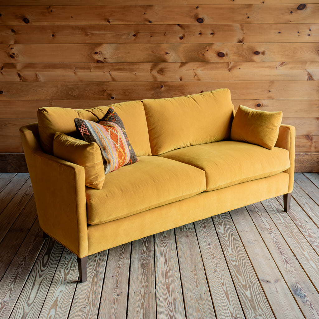Callahan Mini Sofa | Golden Tone Velvet Sofa | Dartbrook Rustic Goods